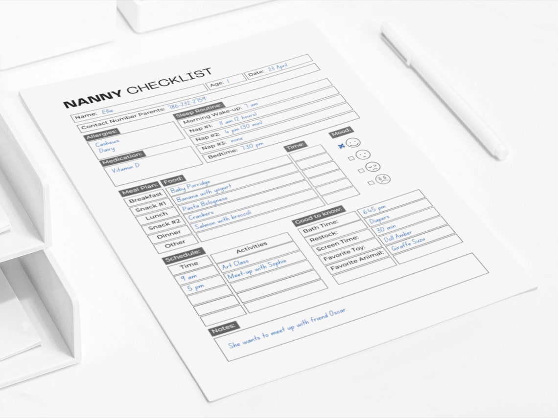Nanny Checklist Printable Nanny Schedule Fillable PDF Babysitter Info ...