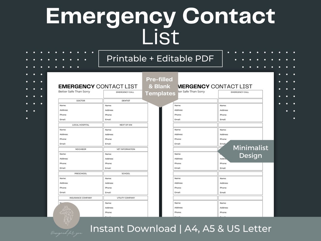 Emergency Contact List Printable Medical Contacts List Fillable PDF ...