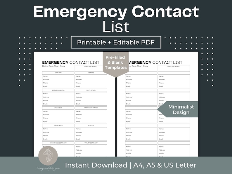 Emergency Contact List Printable Medical Contacts List Fillable PDF ...