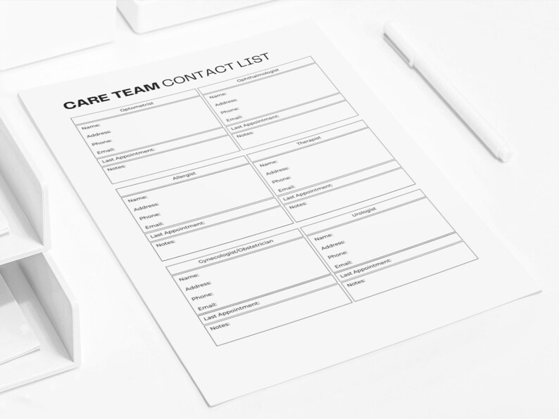Care Team Contact List Printable, Fillable Medical Binder (PDF) - Etsy