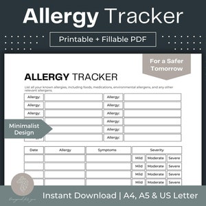 Allergy Tracker Printable for Your Medical Binder Fillable PDF Allergy ...