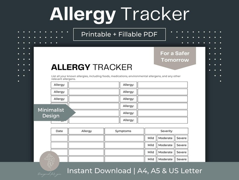 Allergy Tracker Printable for Your Medical Binder Fillable PDF Allergy ...