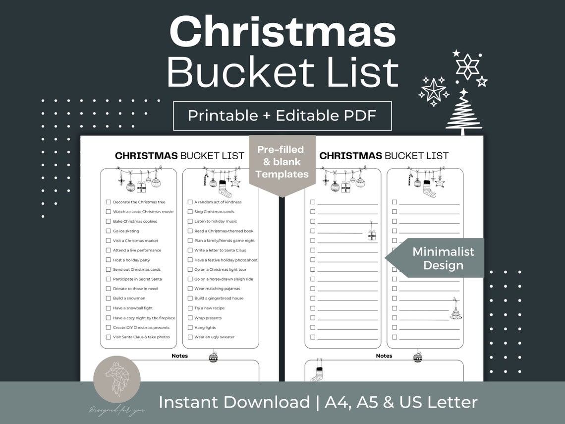 Christmas Bucket List Printable: Fillable Holiday Activity Checklist ...