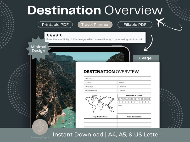 Printable Travel Planner, Destination Overview Template (A4, A5, Letter ...
