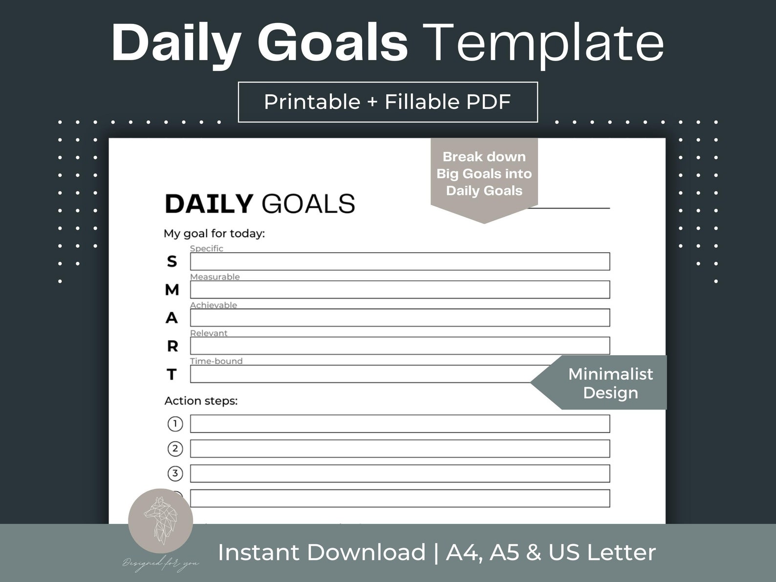Daily Goals Template Goal Settings Worksheet Fillable PDF Personal ...
