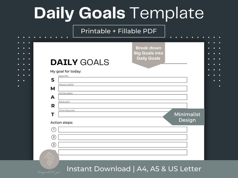 Daily Goals Template Goal Settings Worksheet Fillable PDF Personal ...