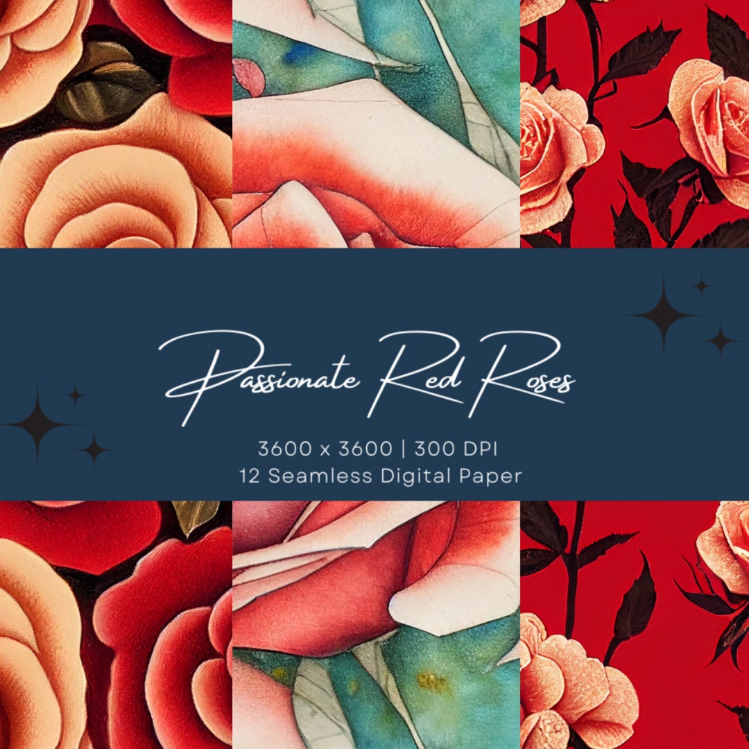 Passionate Red Rose Digital Paper Design Set, Flower Backgrounds ...