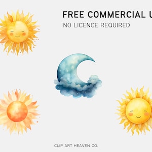 Watercolor Sun, Moon, Cloud Clipart | 10 PNG | Watercolor Weather Clip ...