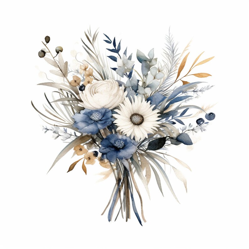 Blue Wedding Bohemian Wild Flowers | Bridal Bouquet Flowers Clipart - Etsy