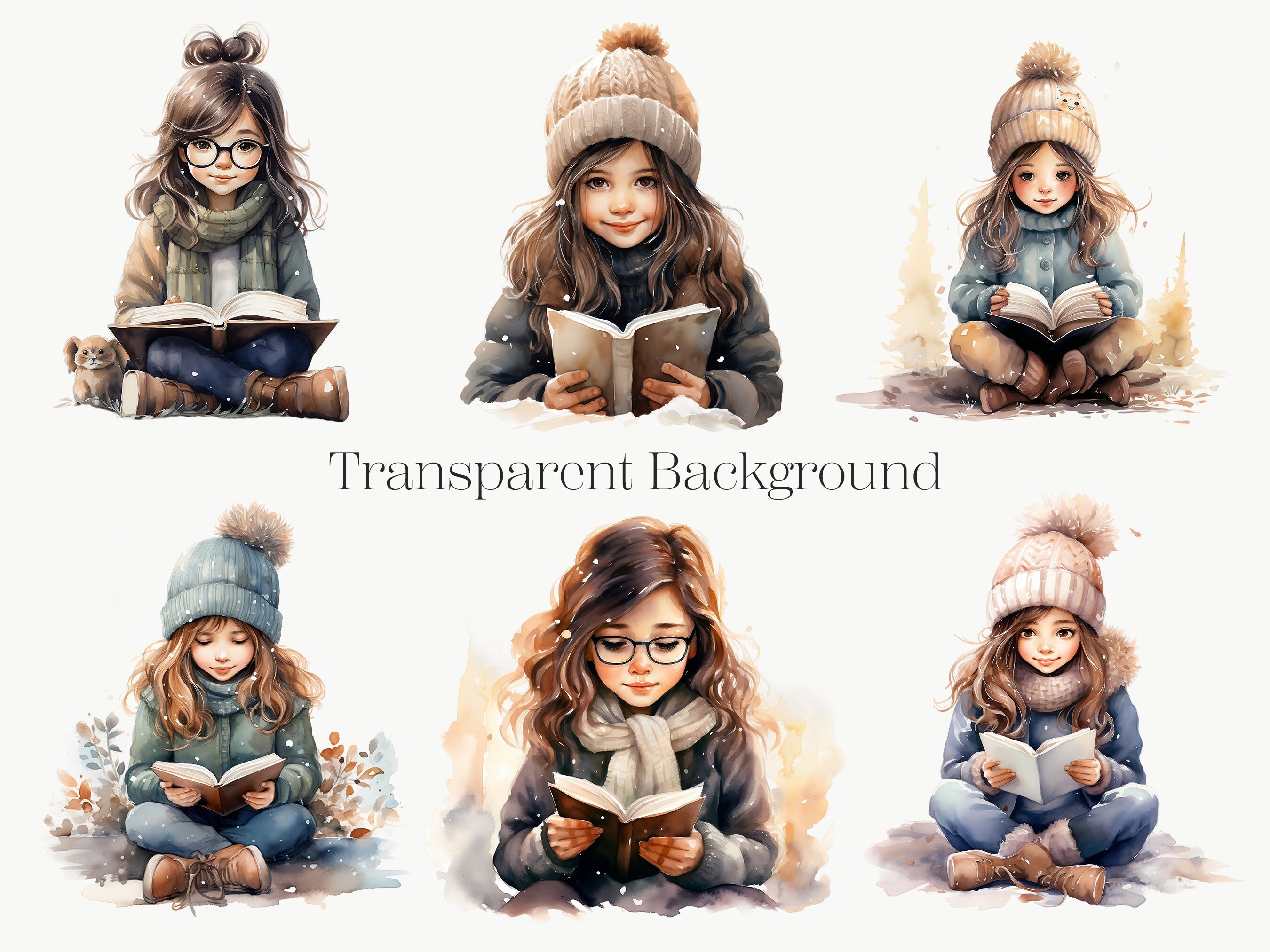 Cozy Winter Reading Girl Clipart | 10 Transparent PNG | Watercolor ...