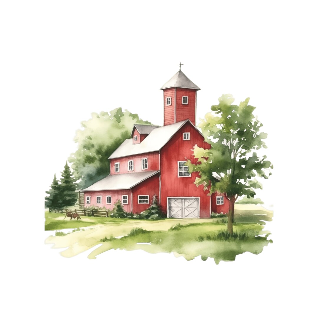 Watercolor Red Barn Clipart | Farmhouse Illustration (digital Download ...