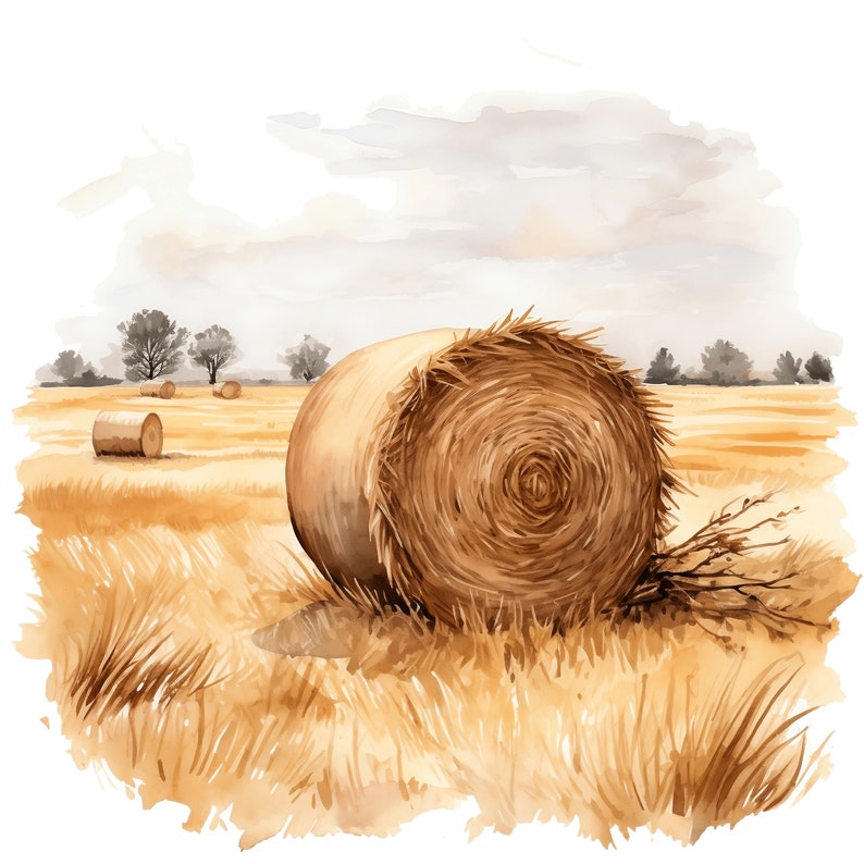 Bale of Hay Clipart Bundle | 10 JPG | Watercolor Farm Landscape ...