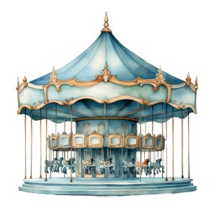 Blue Carousel Watercolor Clipart | 10 JPG | Nursery Art Carousel Horse ...