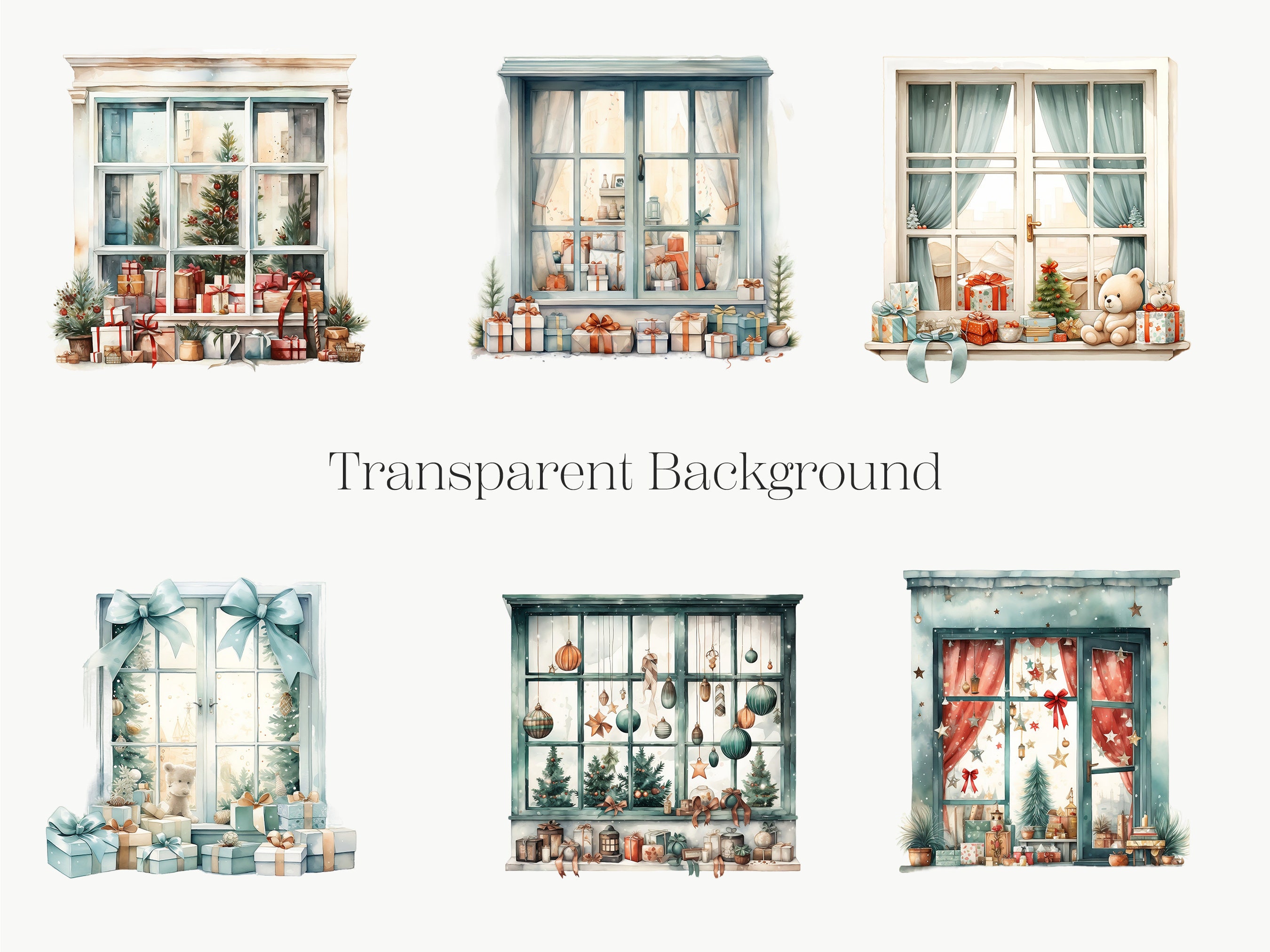 Christmas Windows Clipart | 10 PNG | Watercolor Holiday Decoration ...