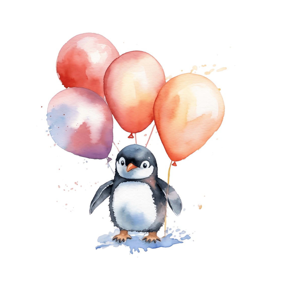 Penguin With Ballons Watercolor Clipart 10 High Quality JPG - Etsy