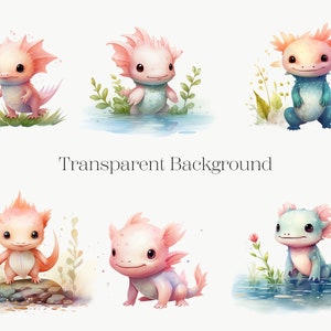 Watercolor Axolotls Clipart, 10 PNG Watercolor Highland Cute Baby ...