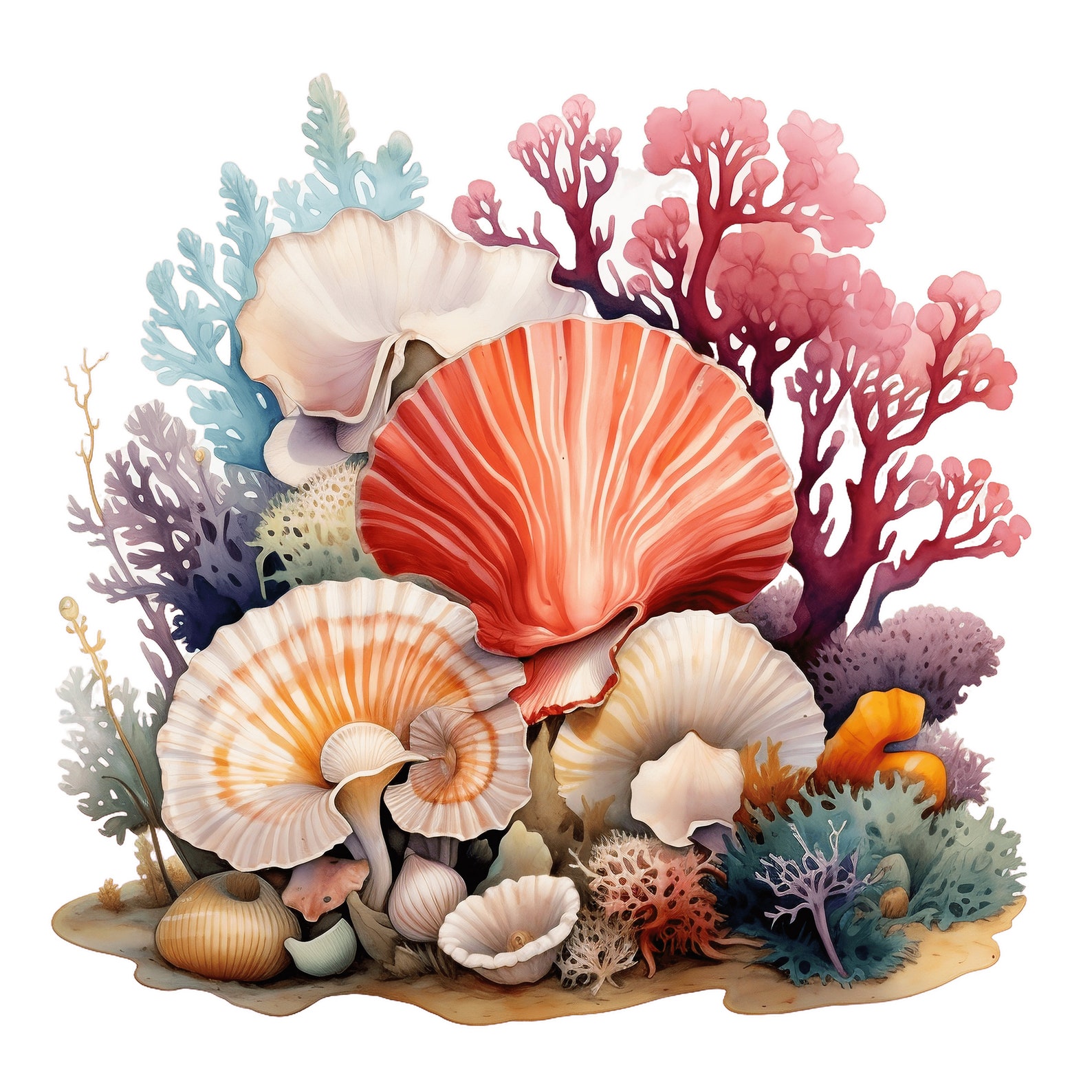 Watercolor Seashell Clipart, 10 Jpg, Coral Reef Seashells Clipart Ocean ...