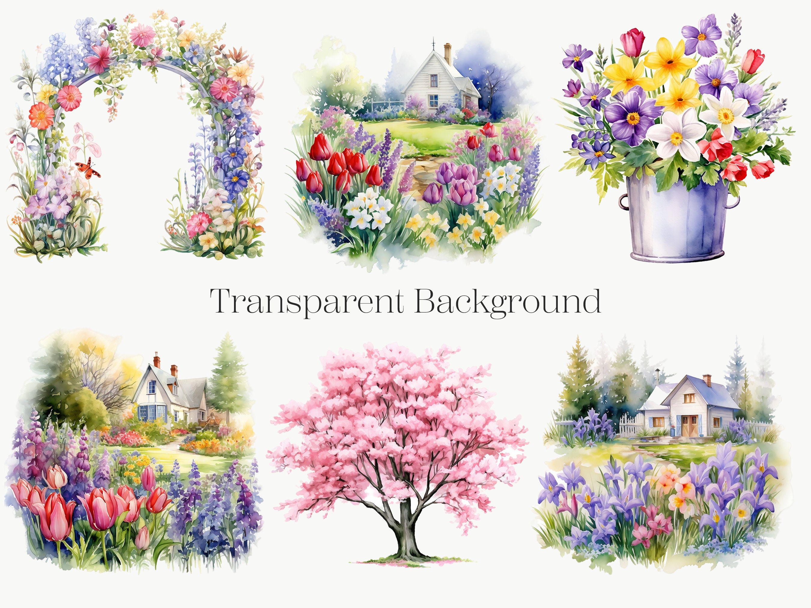 Watercolor Spring Gardens Clipart 10 PNG Spring Garden Illustrations ...