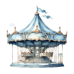 Blue Carousel Watercolor Clipart | 10 JPG | Nursery Art Carousel Horse ...