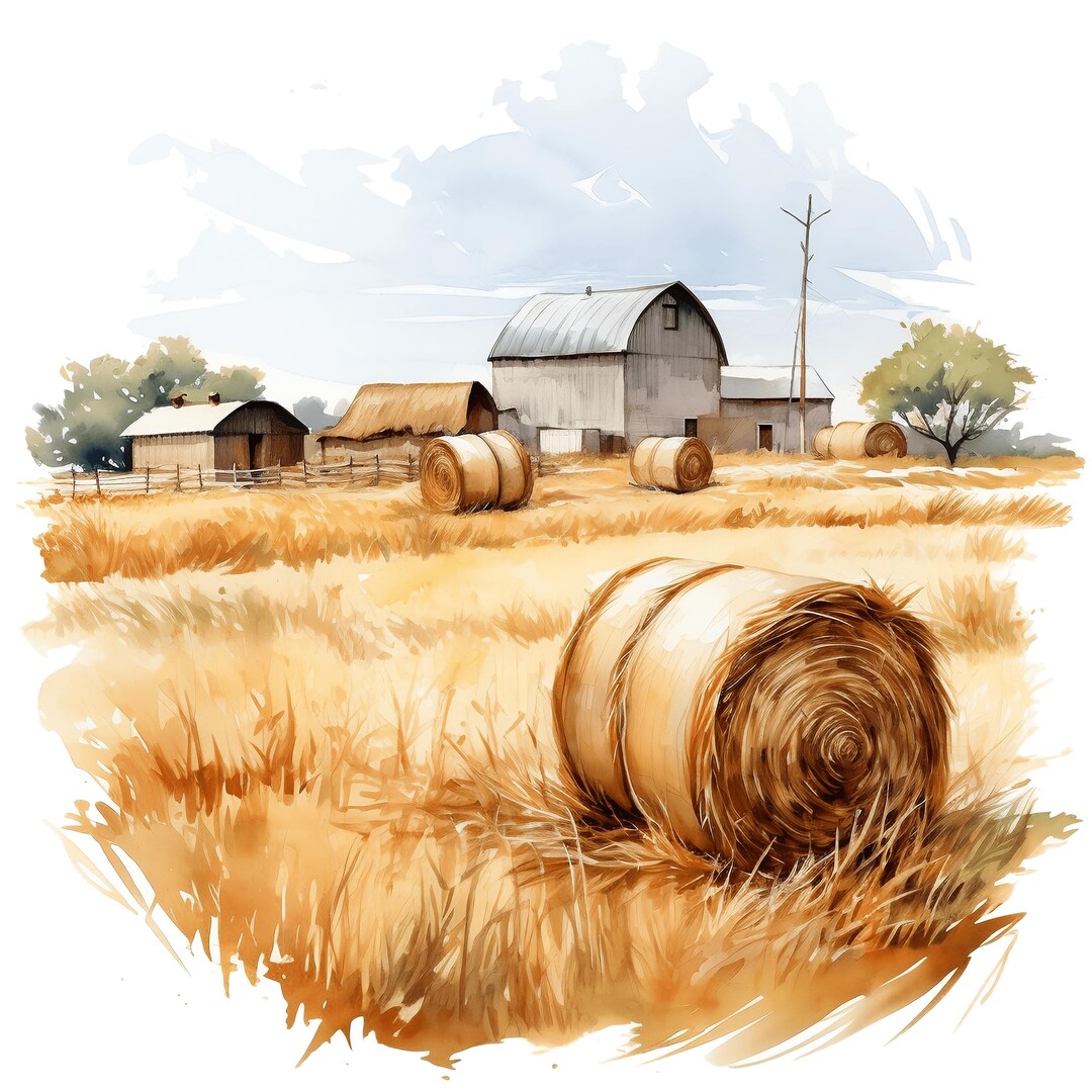 Bale of Hay Clipart Bundle | 10 JPG | Watercolor Farm Landscape ...