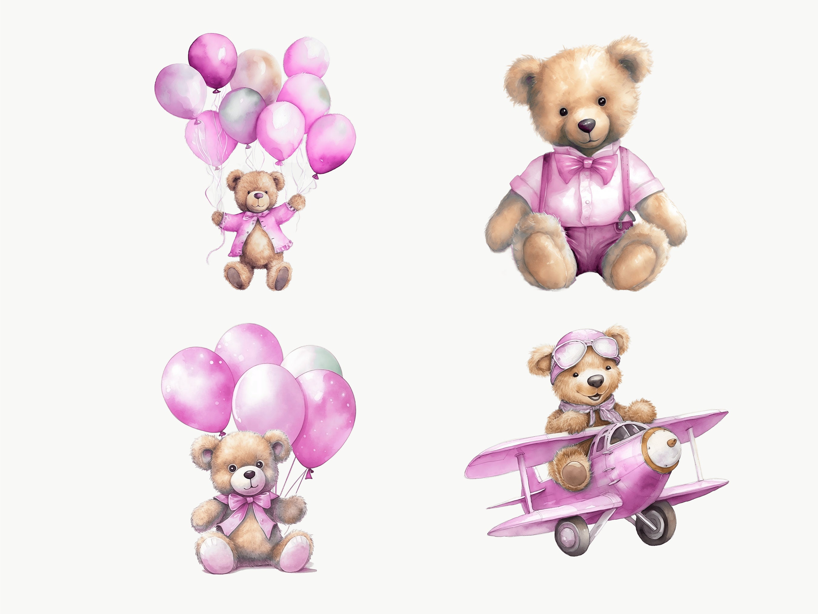 Watercolor Birthday Teddy Bear Clipart Collection Baby Pink - Etsy