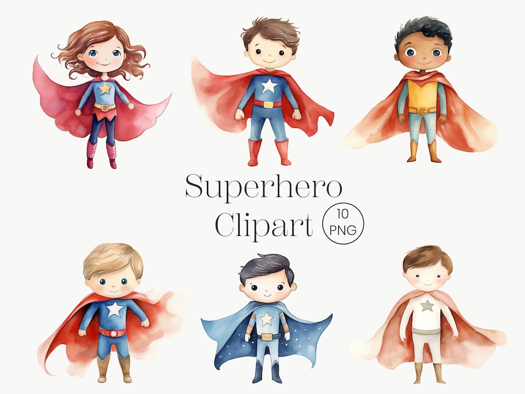 Superhero Kids Clipart | 10 PNG | Watercolor Superhero Clipart Nursery ...