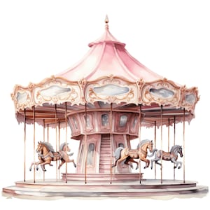 Pink Carousel Watercolor Clipart | 10 JPG | Nursery Art Pink Carousel ...