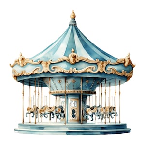 Blue Carousel Watercolor Clipart | 10 JPG | Nursery Art Carousel Horse ...