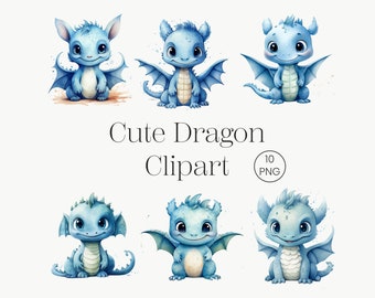 Cute Baby Dragon Clipart Bundle, Watercolor Fantasy Dragon Clipart ...