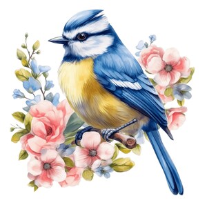 Bluetit Clipart Floral Bluetit Bird With Flowers, Floral Animal 10 High ...