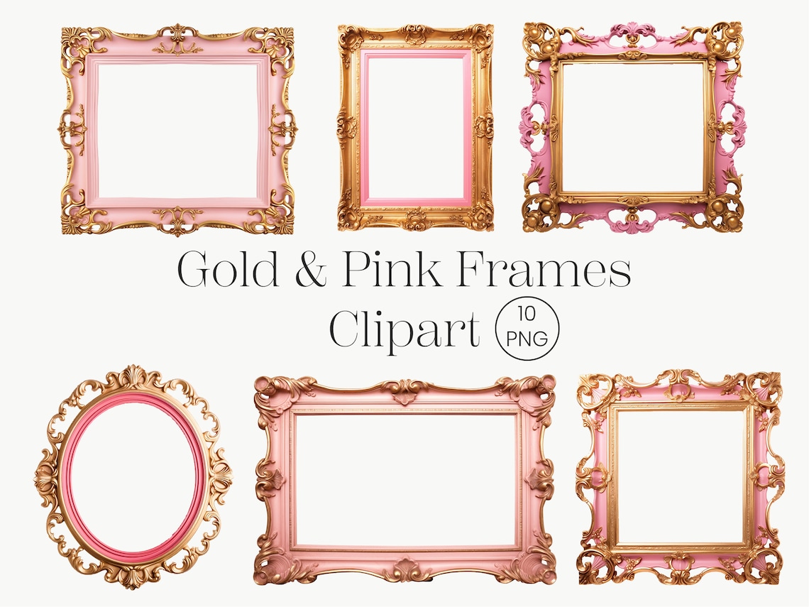 Pink Rococo Frames Clipart: Antique Gold Baroque PNG Graphics (digital ...