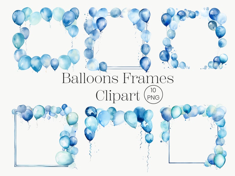 Watercolor Blue Balloon Frames: Birthday Clipart Bundle (digital ...