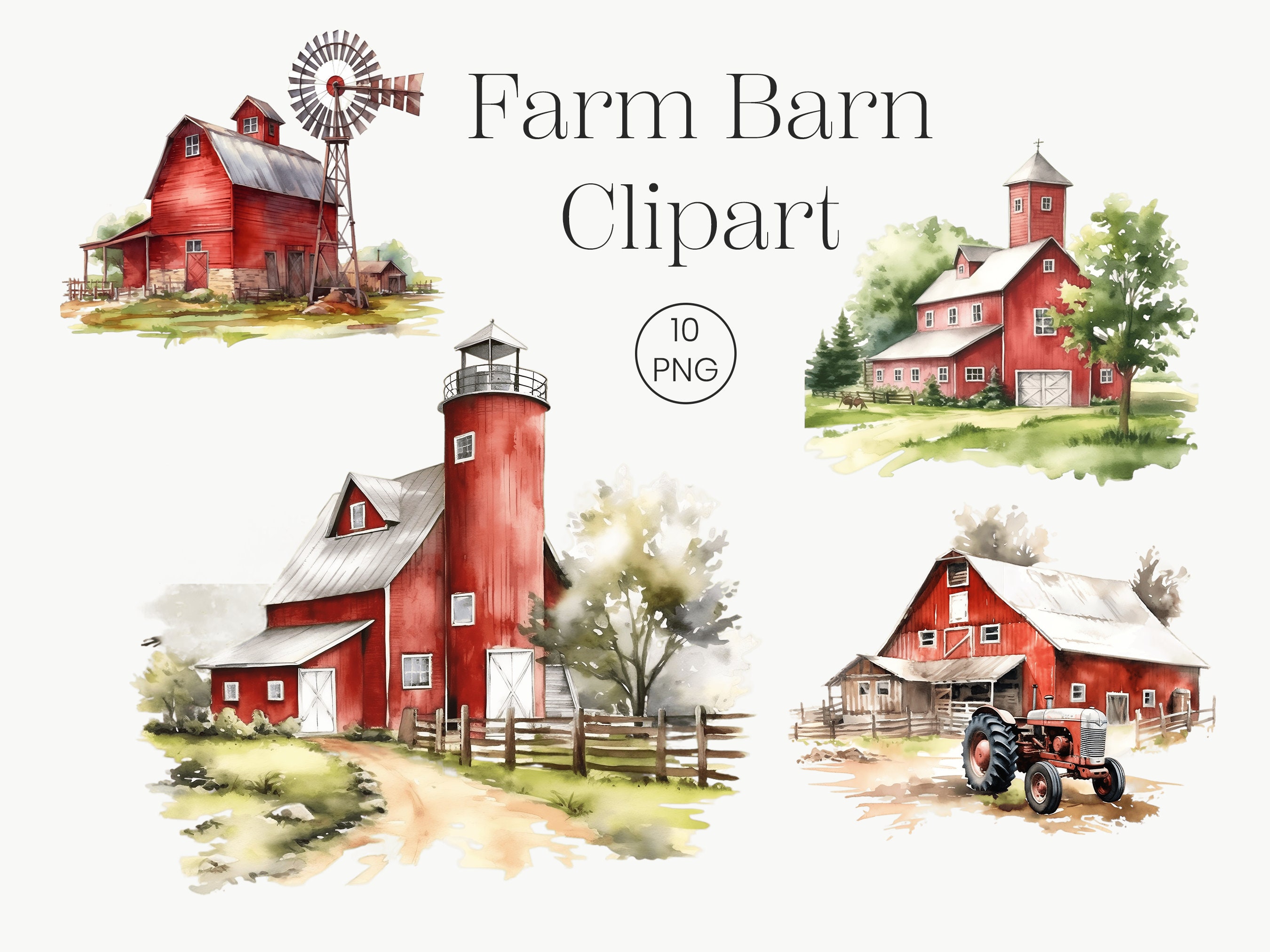 Watercolor Red Barn Clipart | Farmhouse PNG Graphics (digital Download ...