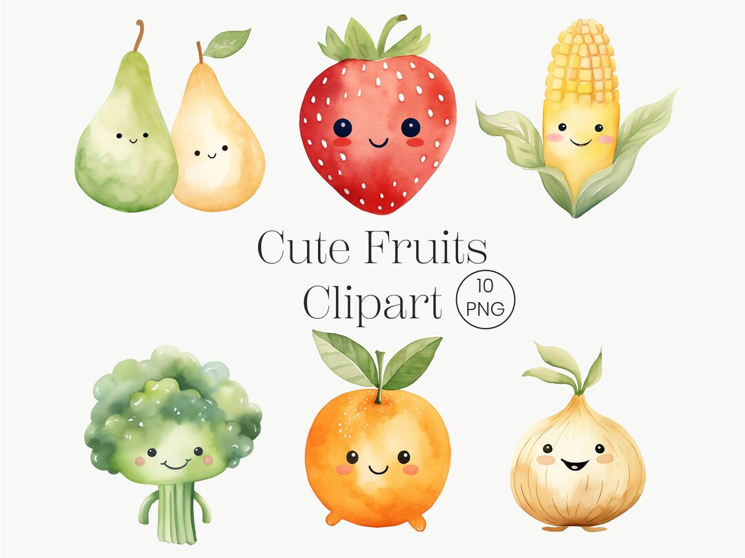 Watercolor Cute Fruits Clipart | 10 PNG | Vegetables Funny Fruits ...
