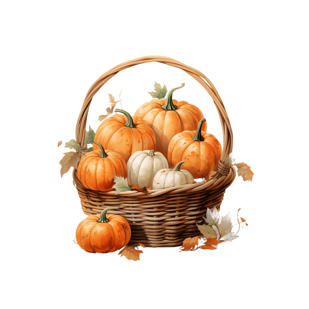 Pumpkin Clipart | 10 JPG | Pumpkin in Basket Watercolor Halloween Fall ...