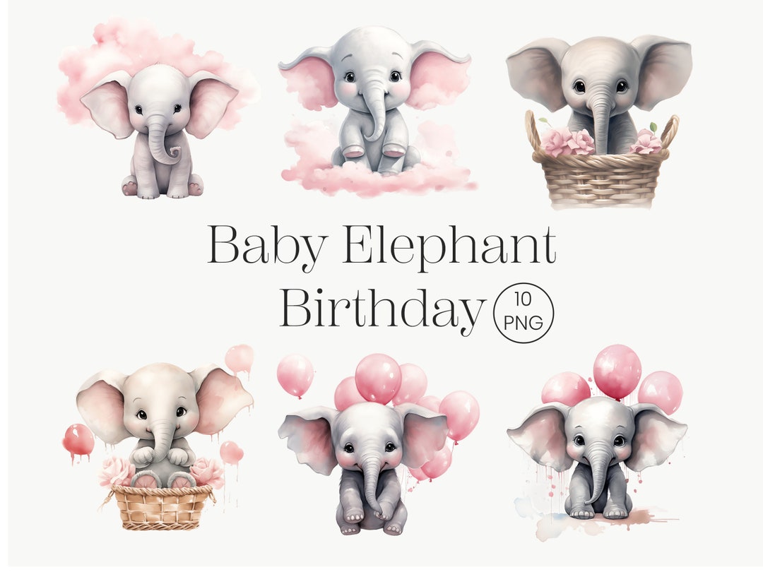 Watercolor Birthday Elephant Clipart Collection for Commercial Use ...
