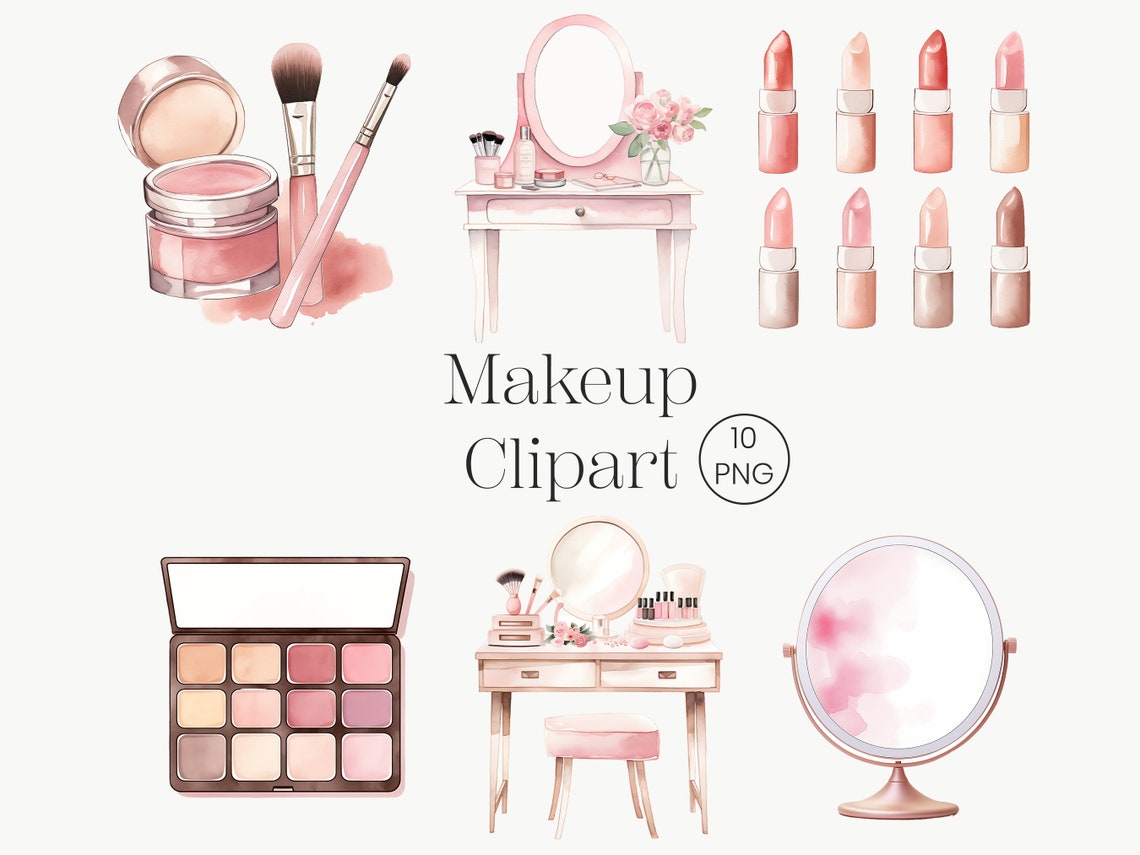 Watercolor Makeup Clipart: Pink Cosmetics Illustrations (10 PNG) - Etsy