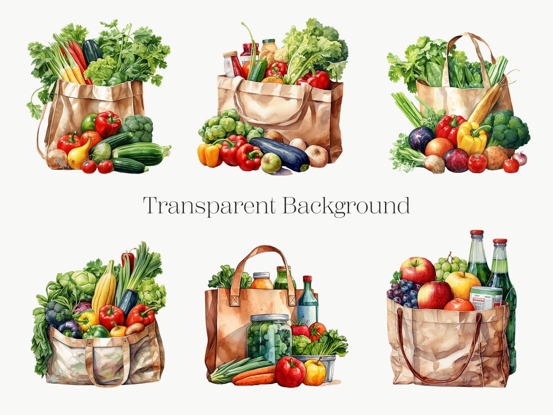 Watercolor Grocery Bag Clipart 10 PNG French Food Vegetables - Etsy