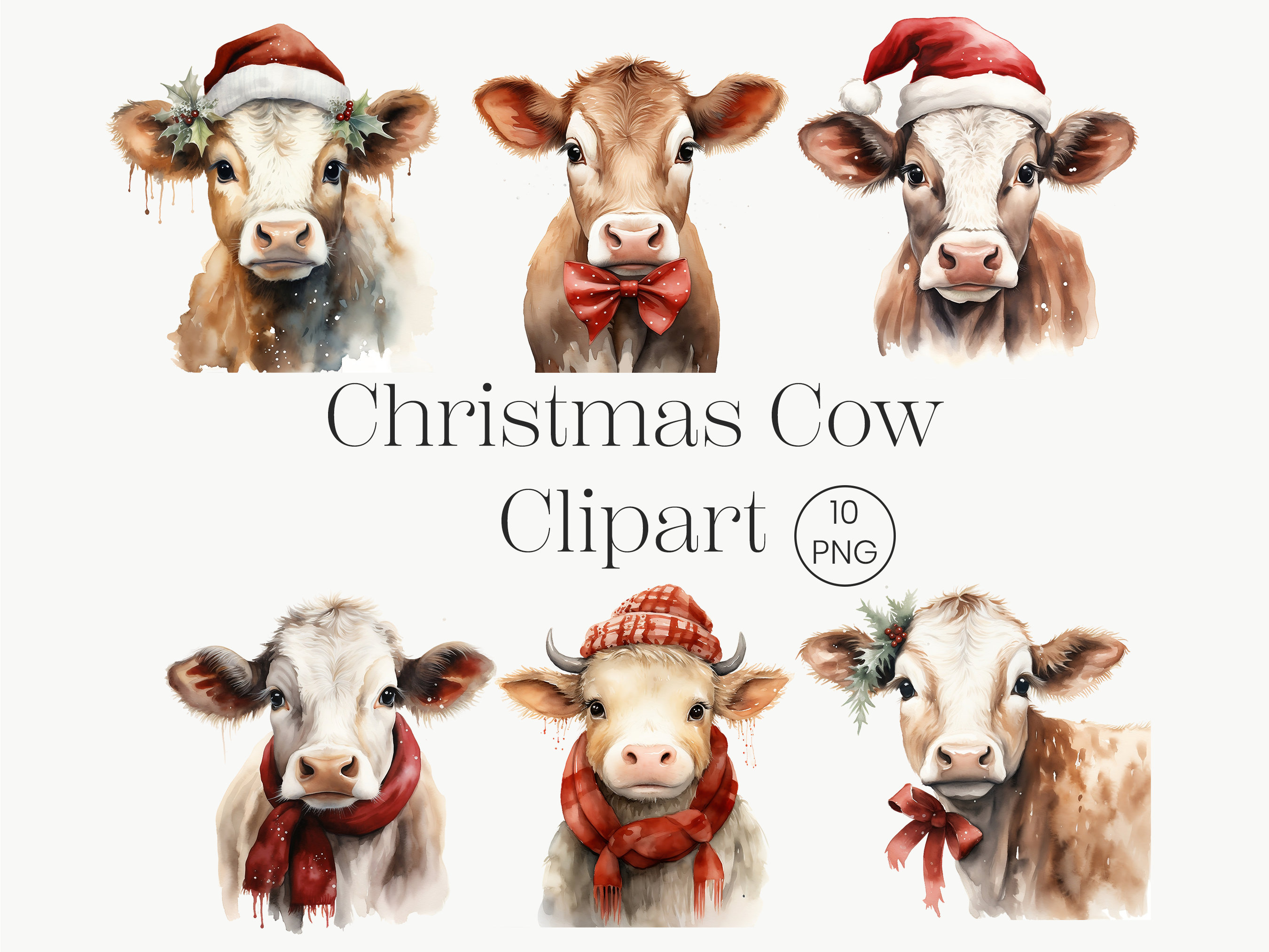 Christmas Cow Clipart 10 PNG Watercolor Christmas Cow - Etsy