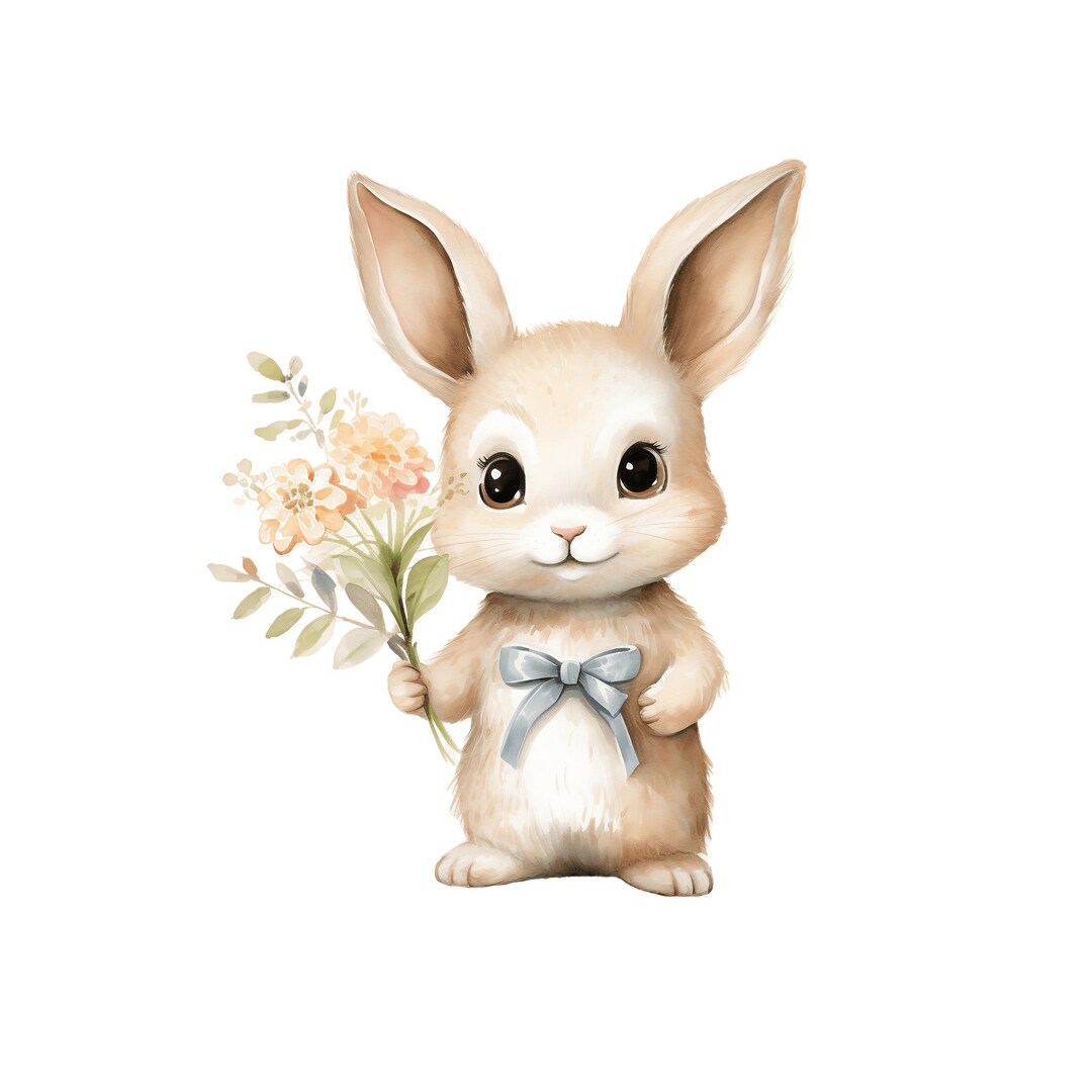 Watercolor Bunnies With Flowers, 10 JPG, Cute Bunny Watercolor Bunny ...