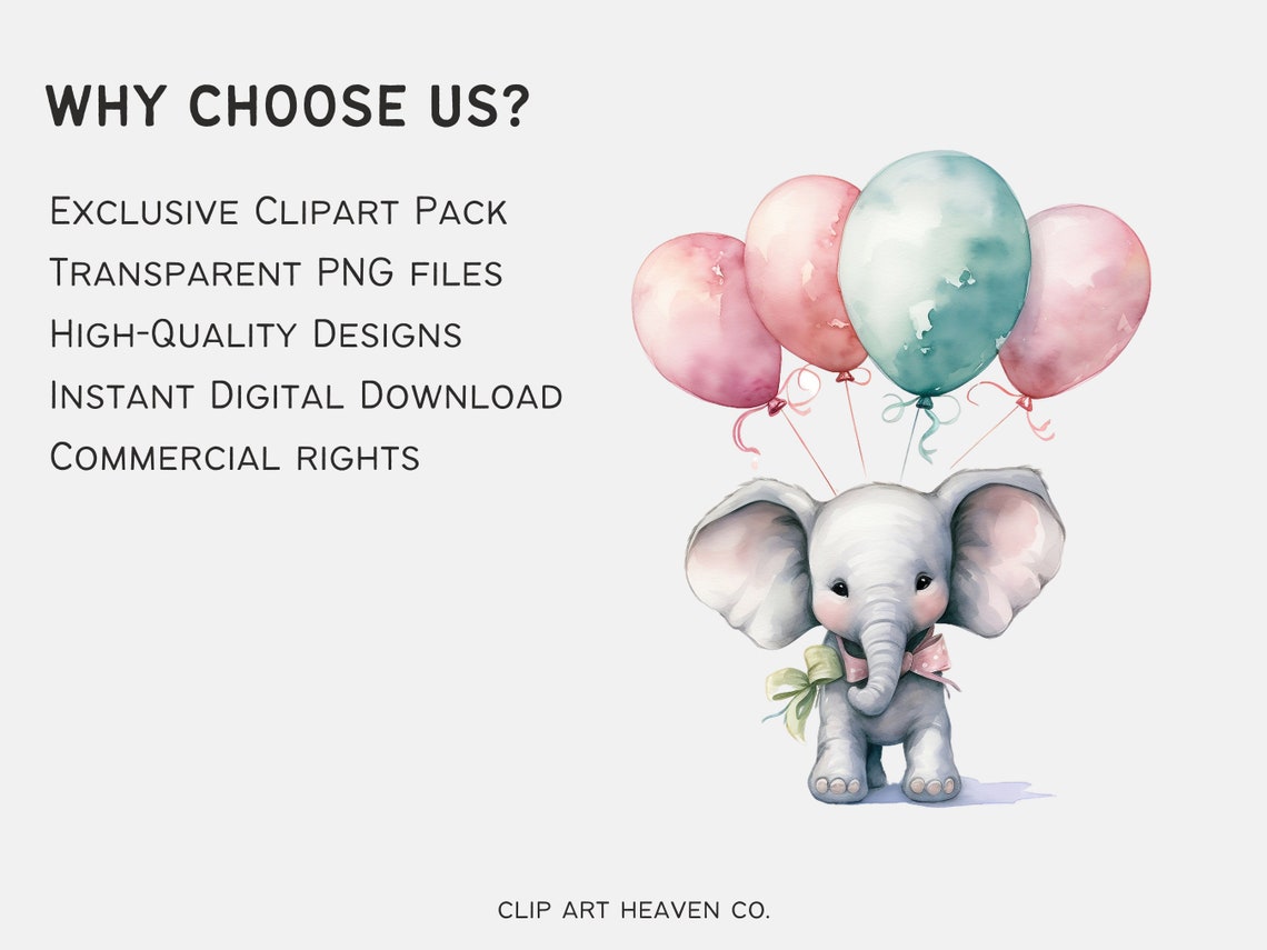 Watercolor Elephant Birthday Clipart: Balloons PNG Bundle (digital ...