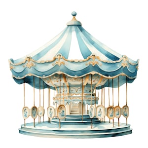Blue Carousel Watercolor Clipart | 10 JPG | Nursery Art Carousel Horse ...