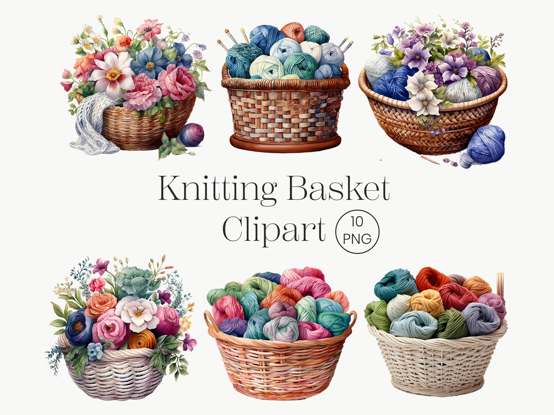 Watercolor Knitting Basket Clipart, 10 PNG Yarn and Wool PNG, Floral ...