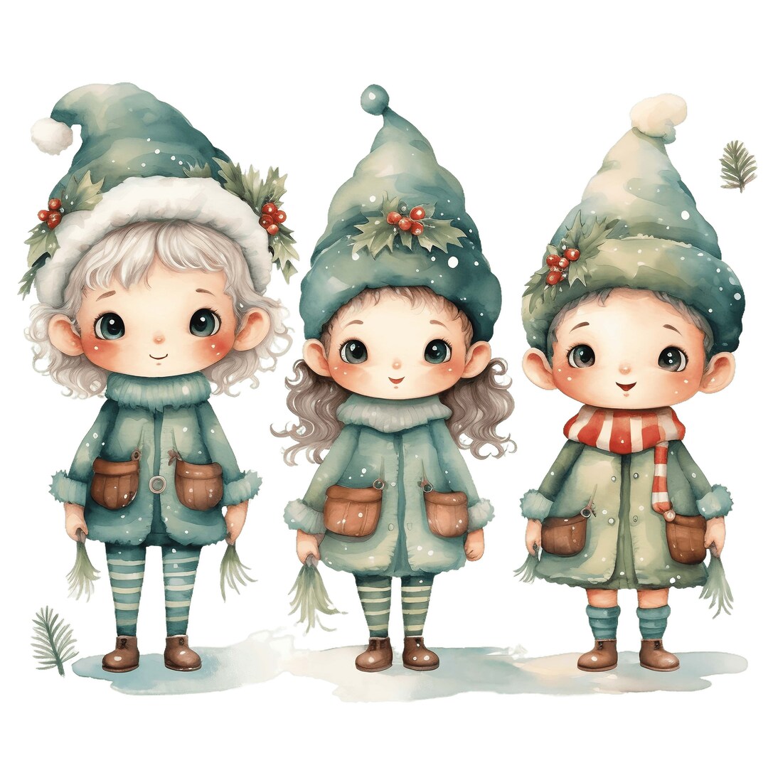 Watercolor Christmas Elves Clipart: Holiday Illustrations (JPG, PNG) - Etsy
