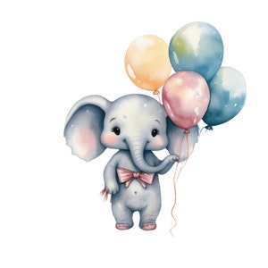 Baby Elephant Balloons Clipart | 10 JPG | Watercolor Birthday Clipart ...