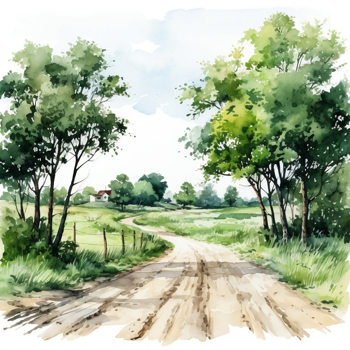 Country Lane Watercolor Clipart | 10 JPG | Farm Country Lane Clipart ...