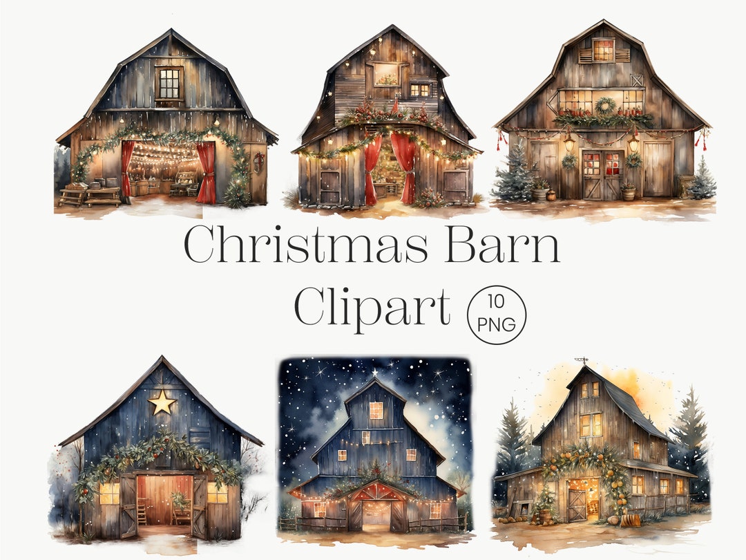 Country Christmas Barn Country Clipart | 10 PNG | Festive Watercolor ...