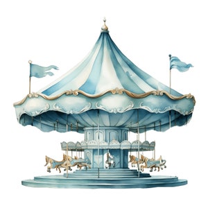 Blue Carousel Watercolor Clipart | 10 JPG | Nursery Art Carousel Horse ...