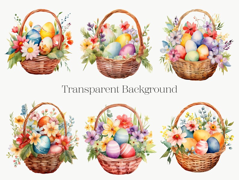 Watercolor Easter Baskets Clipart 10 PNG Floral Egg Baskets PNG Spring ...