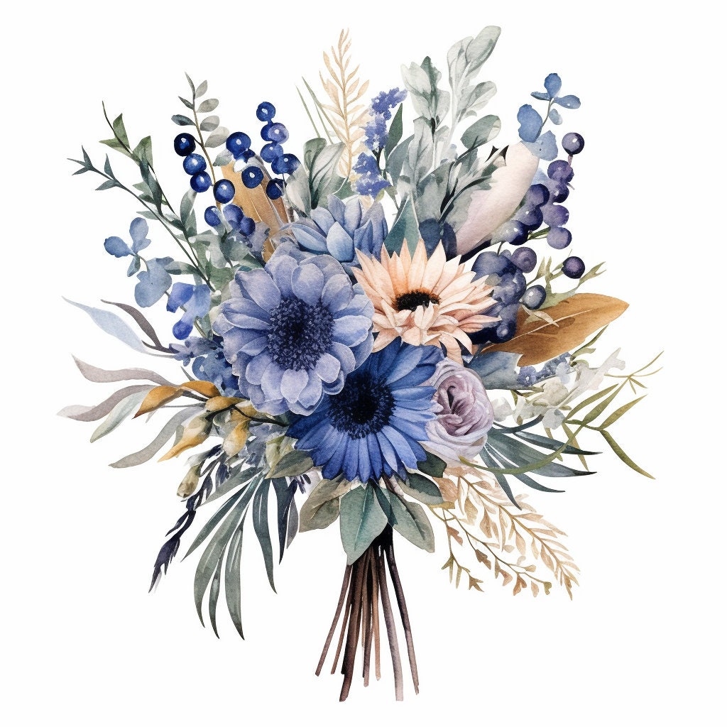 Blue Wedding Bohemian Wild Flowers | Bridal Bouquet Flowers Clipart - Etsy